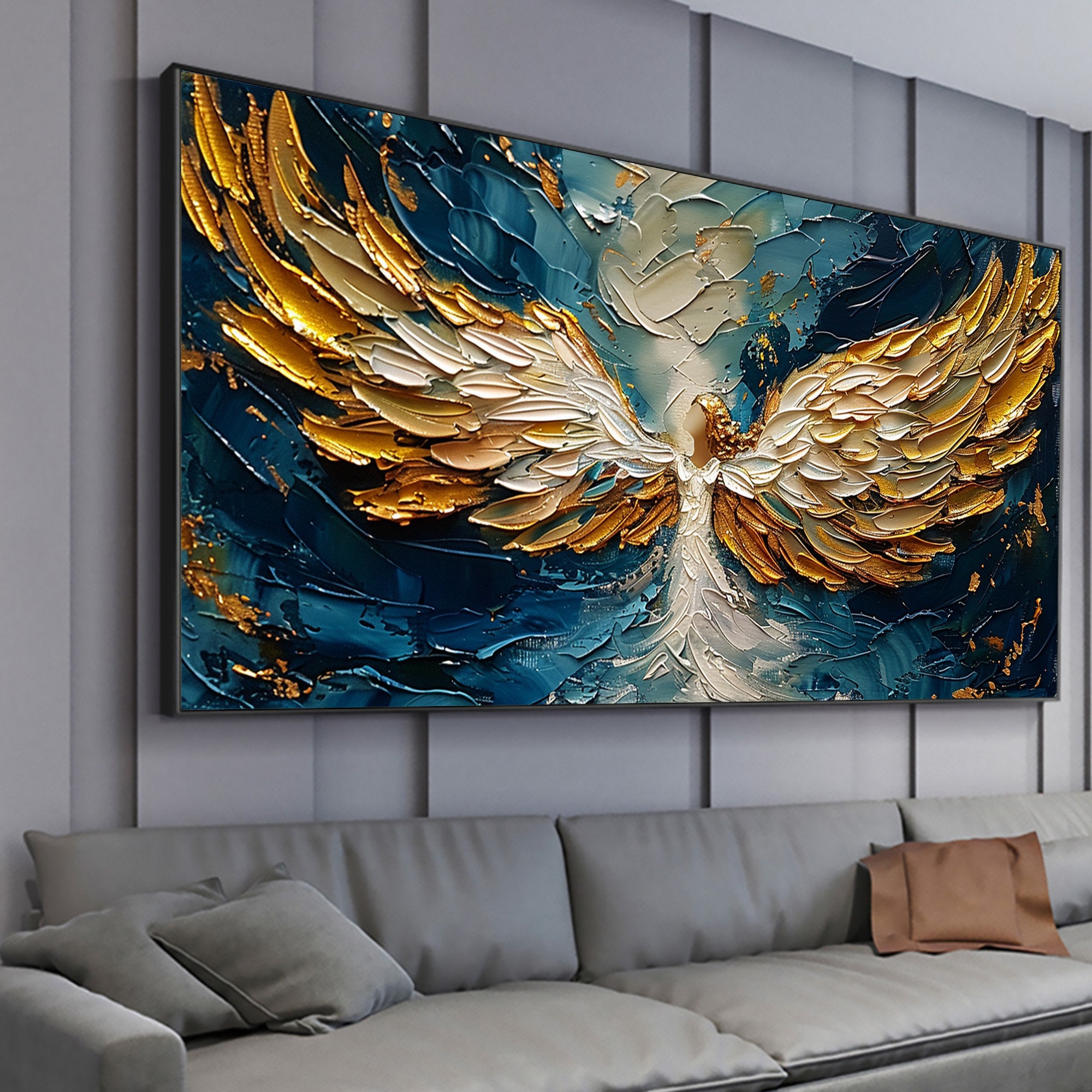 Large Original Angel Wings Painting on Canvas, Abstract Golden Wings Painting, Textured Wall Art ...