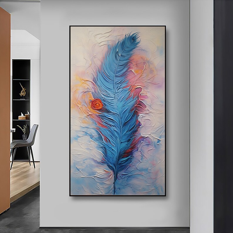 Abstract Blue Feather Oil Painting on Canvas, Original Colorful Feather ...