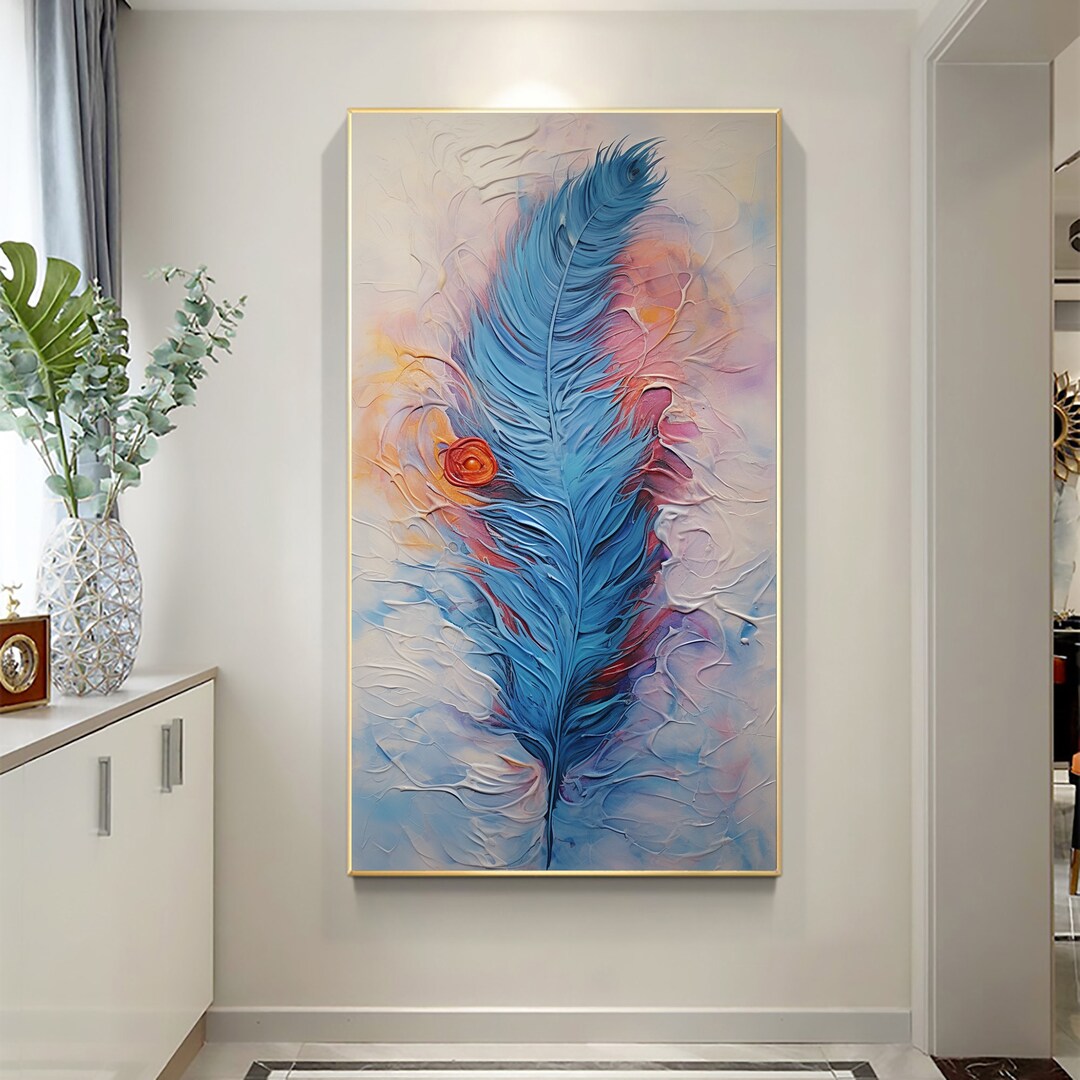Abstract Blue Feather Oil Painting on Canvas, Original Colorful Feather ...