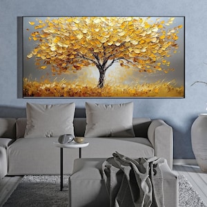 Abstract Golden Big Tree Oil Painting on Canvas, Large Textured Wall ...