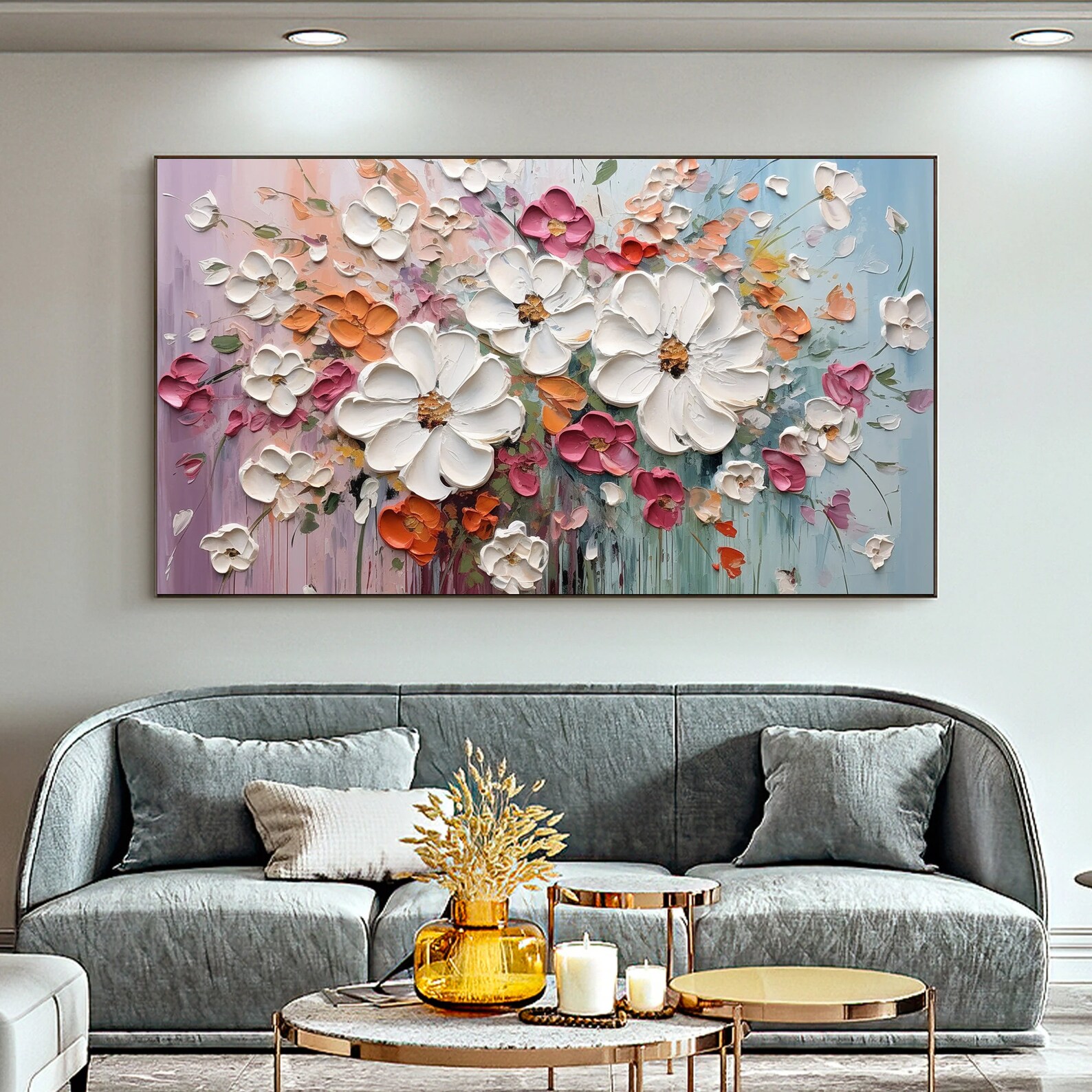 Abstract Textured Flower Oil Painting on Canvas, Large Wall Art ...