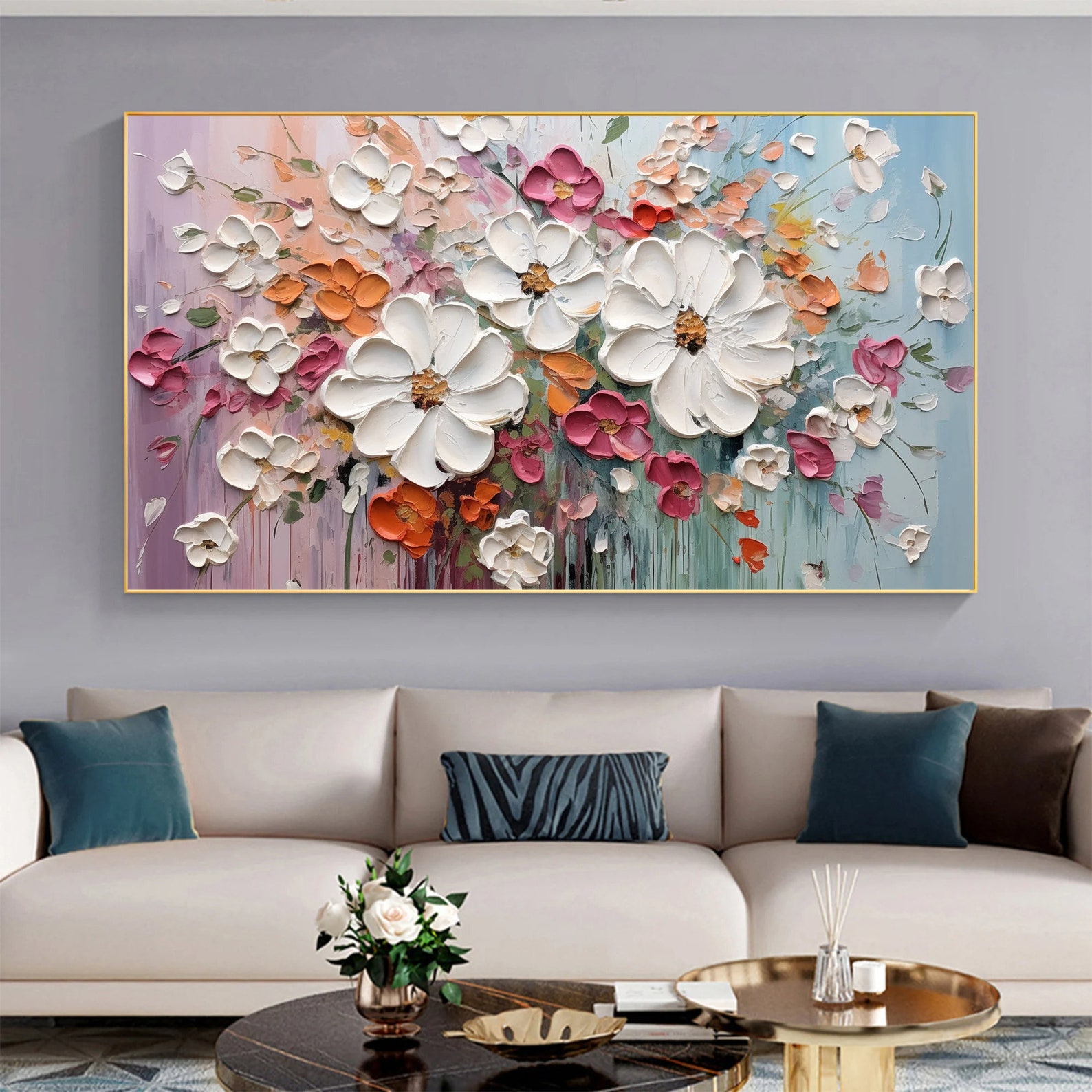 Abstract Textured Flower Oil Painting on Canvas, Large Wall Art ...