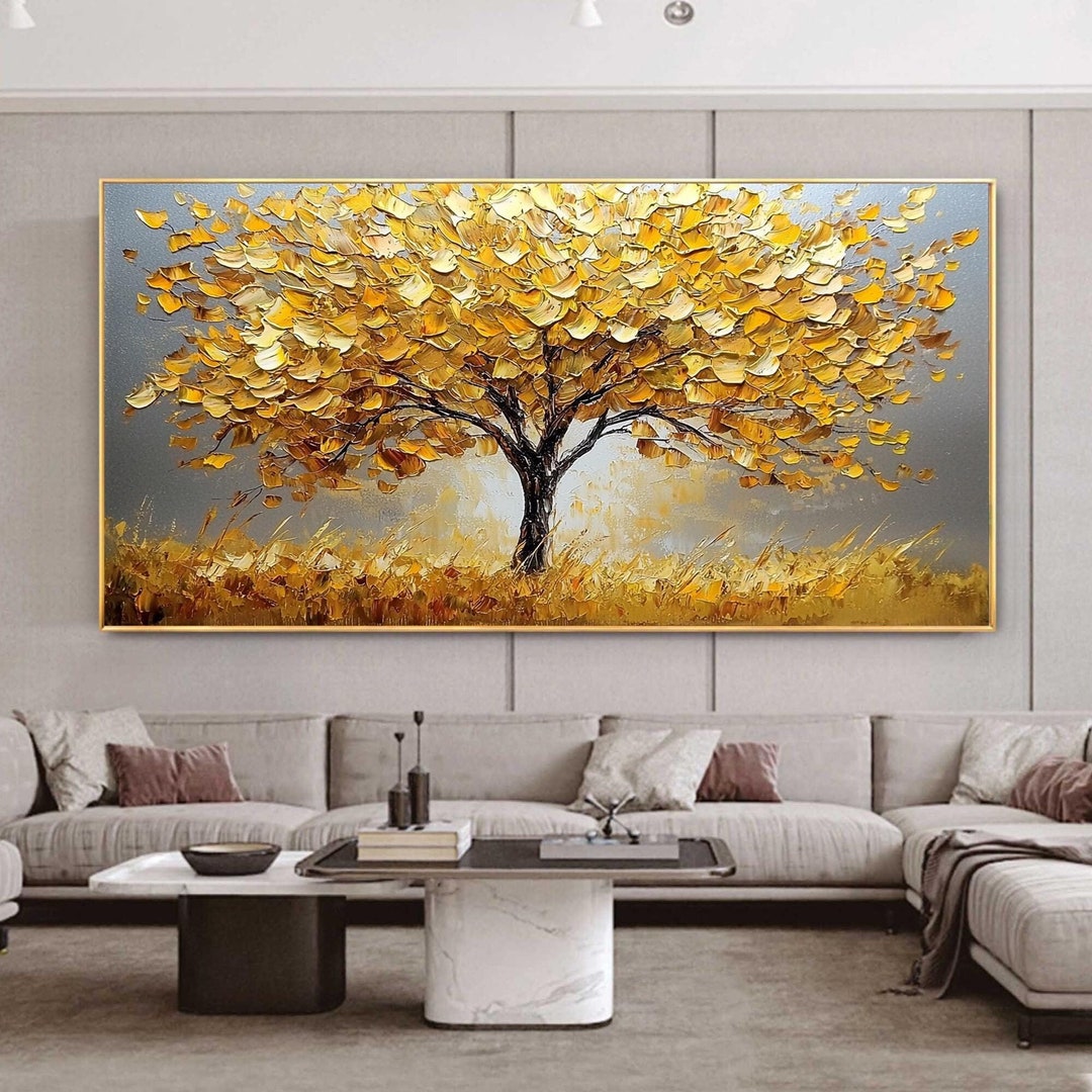 Abstract Golden Big Tree Oil Painting on Canvas, Large Textured Wall ...