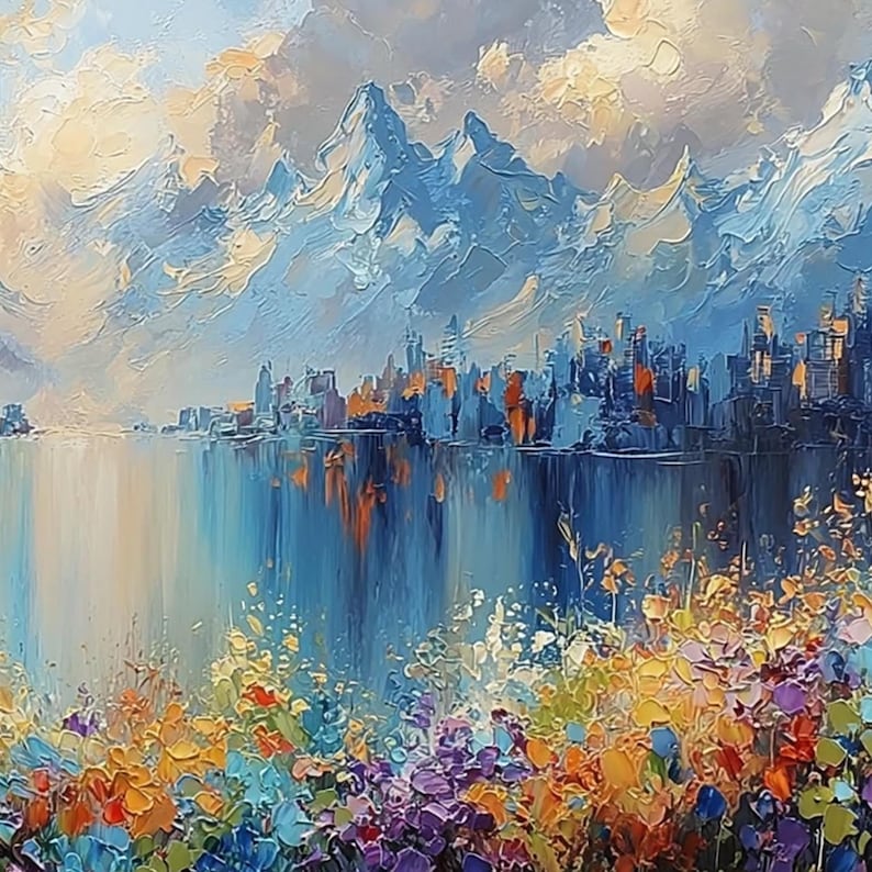 Colorful Floral Landscape Oil Painting, Textured Mountain Lake Canvas ...