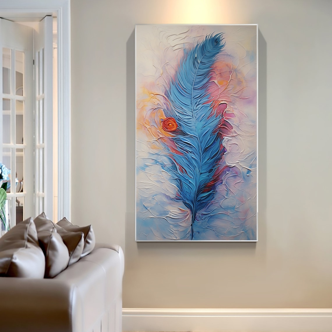 Abstract Blue Feather Oil Painting on Canvas, Original Colorful Feather ...