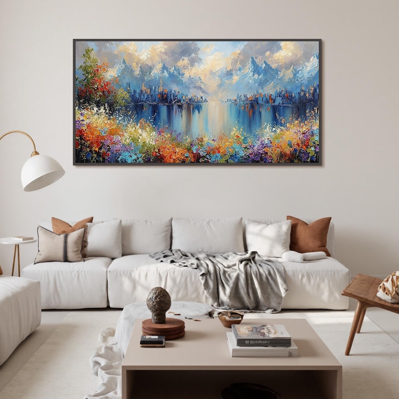 Colorful Floral Landscape Oil Painting, Textured Mountain Lake Canvas ...