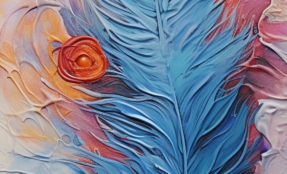 Abstract Blue Feather Oil Painting on Canvas, Original Colorful Feather ...
