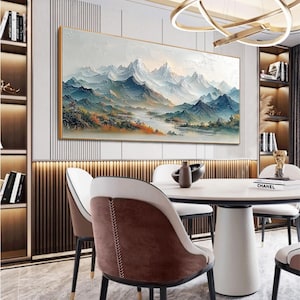 Large Abstract 3D Texture Mountain and Forest Canvas Oil Painting, Original Rive Minimalist Wall ...