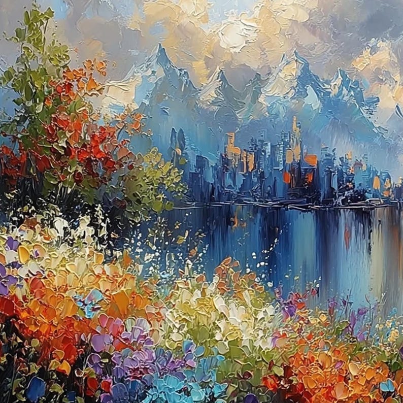 Colorful Floral Landscape Oil Painting, Textured Mountain Lake Canvas ...