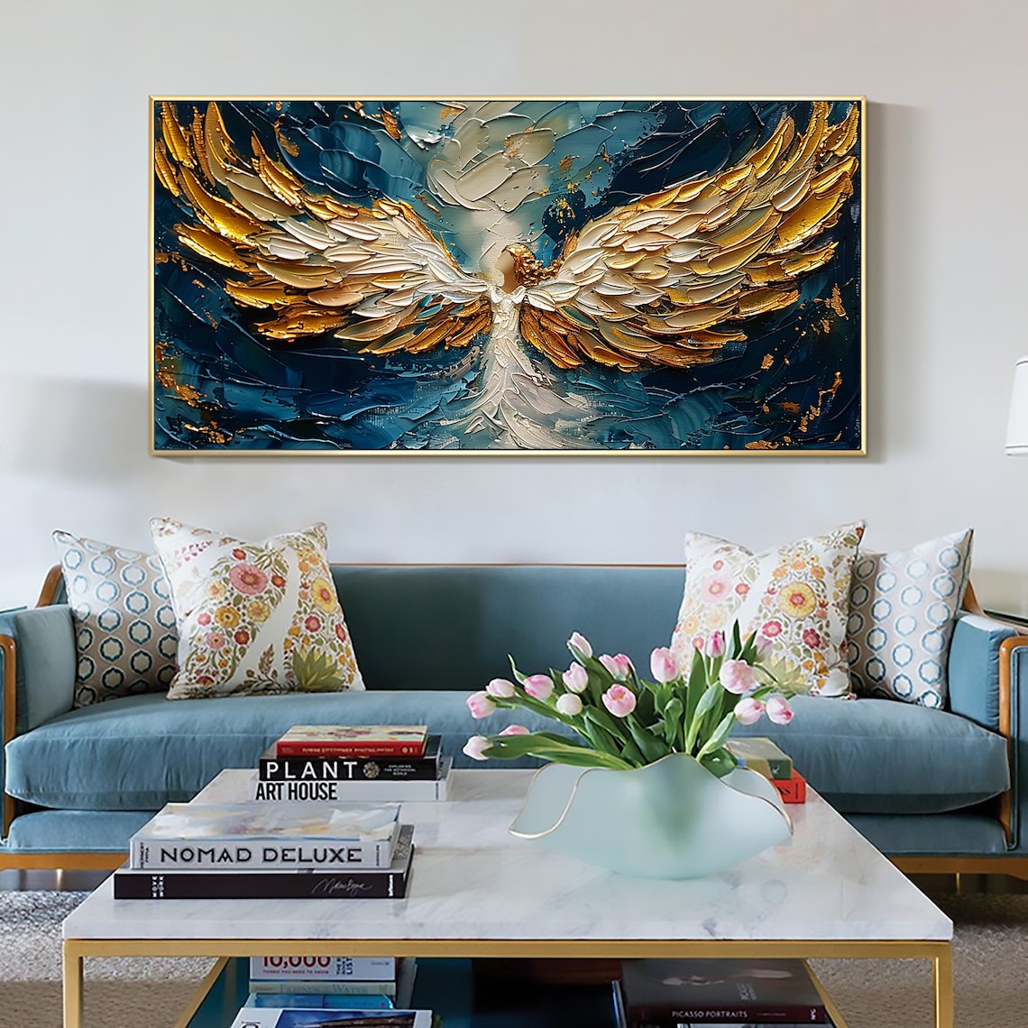 Large Original Angel Wings Painting on Canvas, Abstract Golden Wings Painting, Textured Wall Art ...