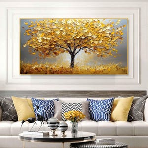 Abstract Golden Big Tree Oil Painting on Canvas, Large Textured Wall ...