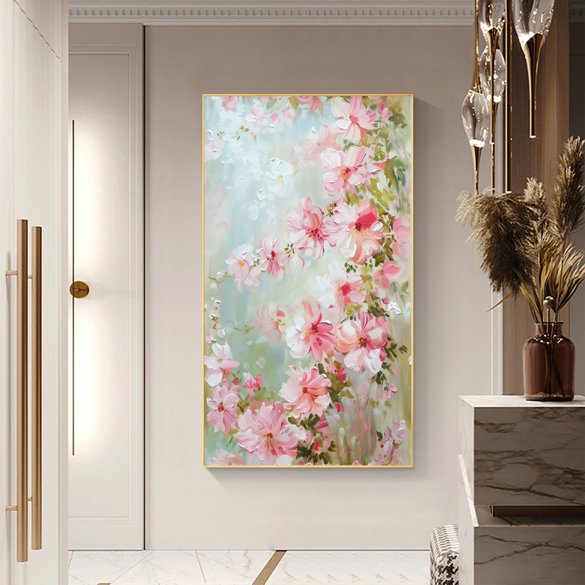 Original Pink Flower Oil Painting on Canvas, Abstract Floral Painting ...