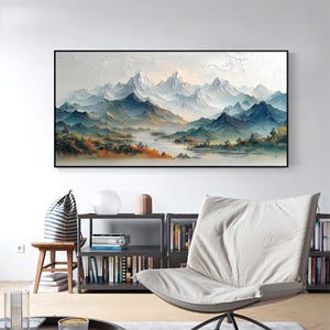 Large Abstract 3D Texture Mountain and Forest Canvas Oil Painting, Original Rive Minimalist Wall ...