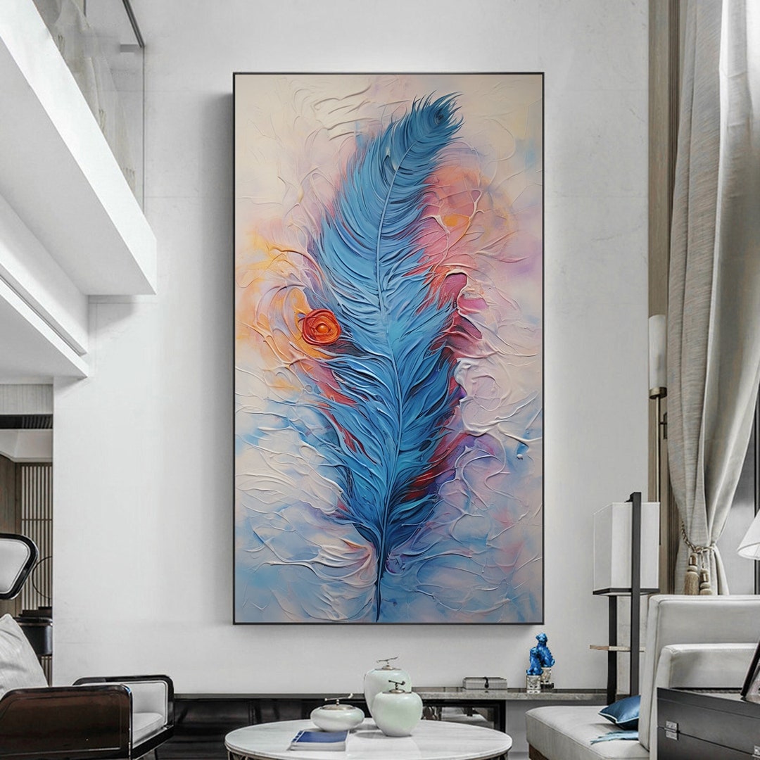 Abstract Blue Feather Oil Painting on Canvas, Original Colorful Feather ...