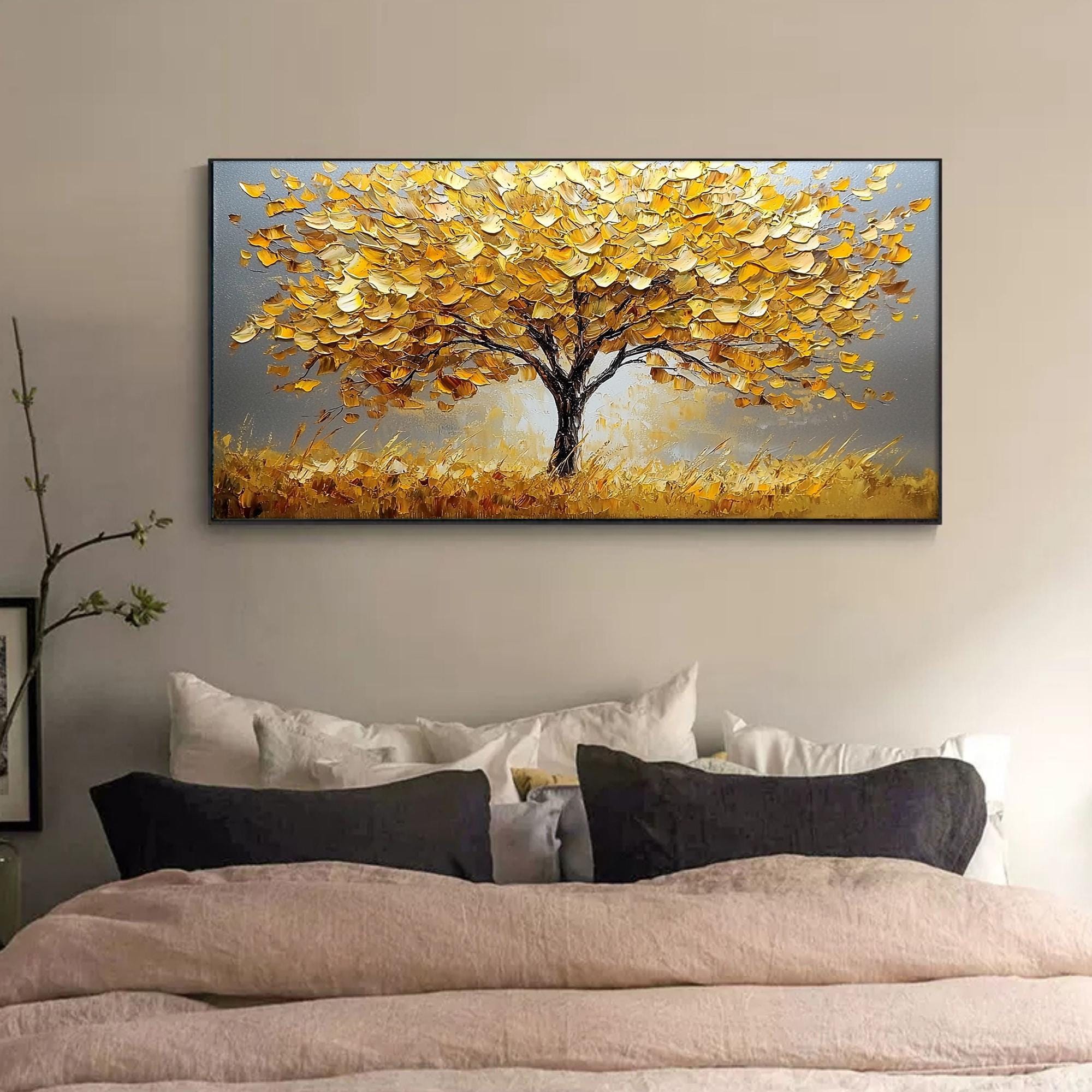 Abstract Golden Big Tree Oil Painting on Canvas, Large Textured Wall ...