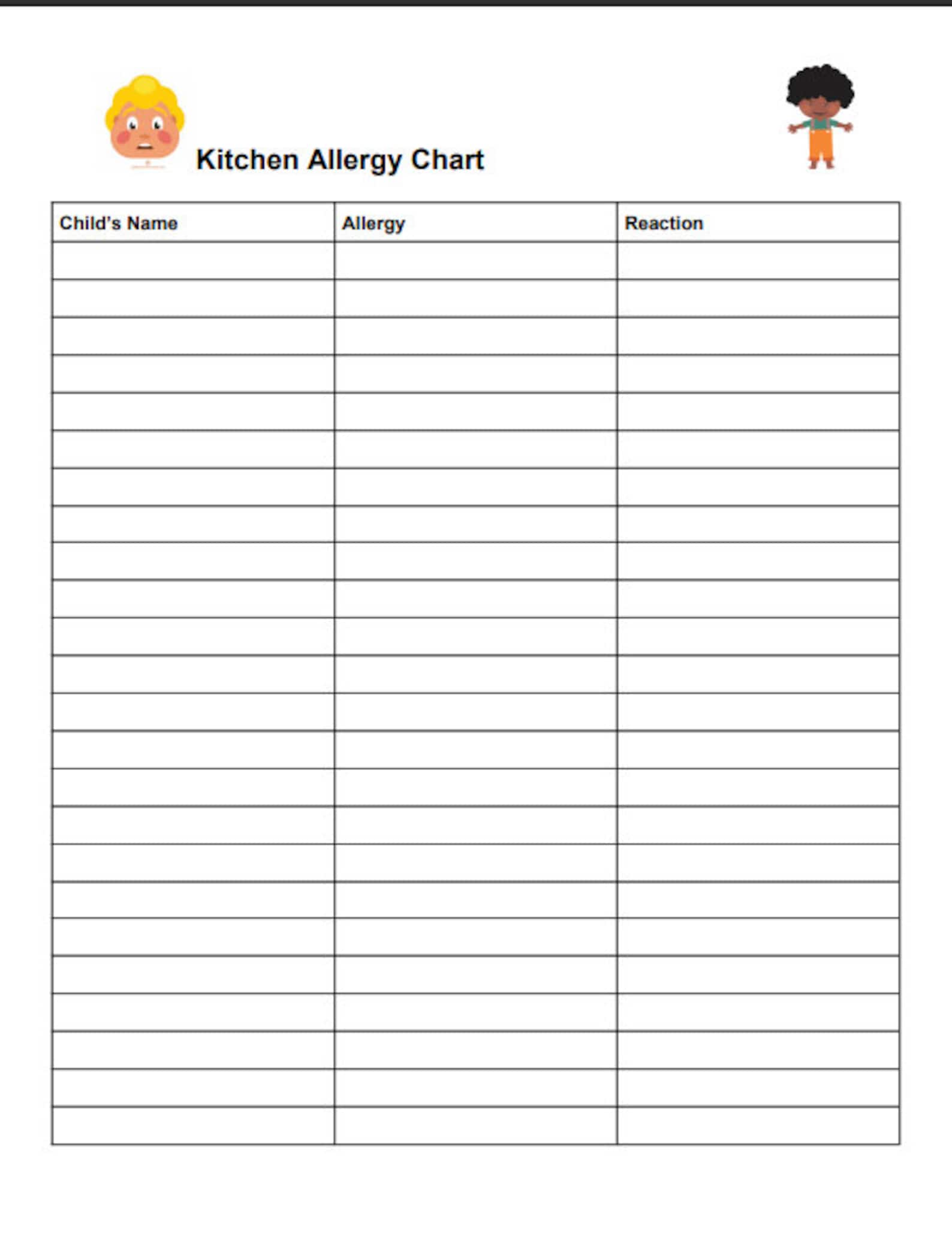 Daycare Kitchen Allergy Form (track Student Allergies for the Food ...