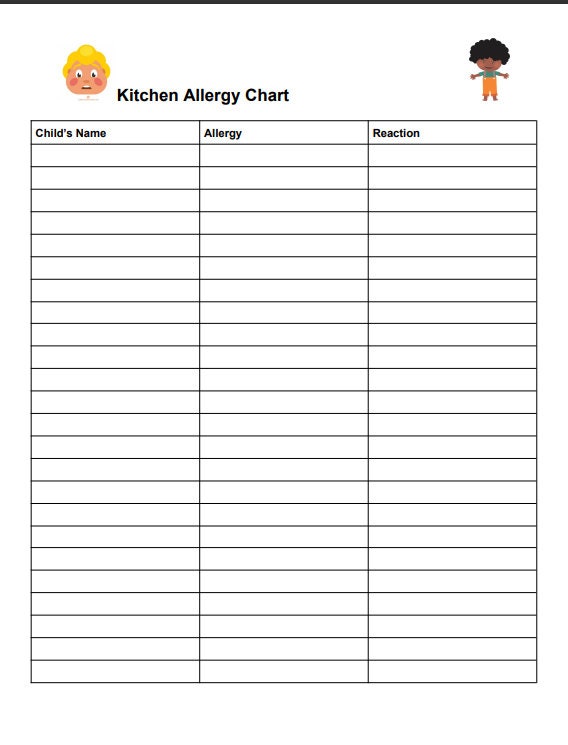 Daycare Kitchen Allergy Form (track Student Allergies for the Food ...
