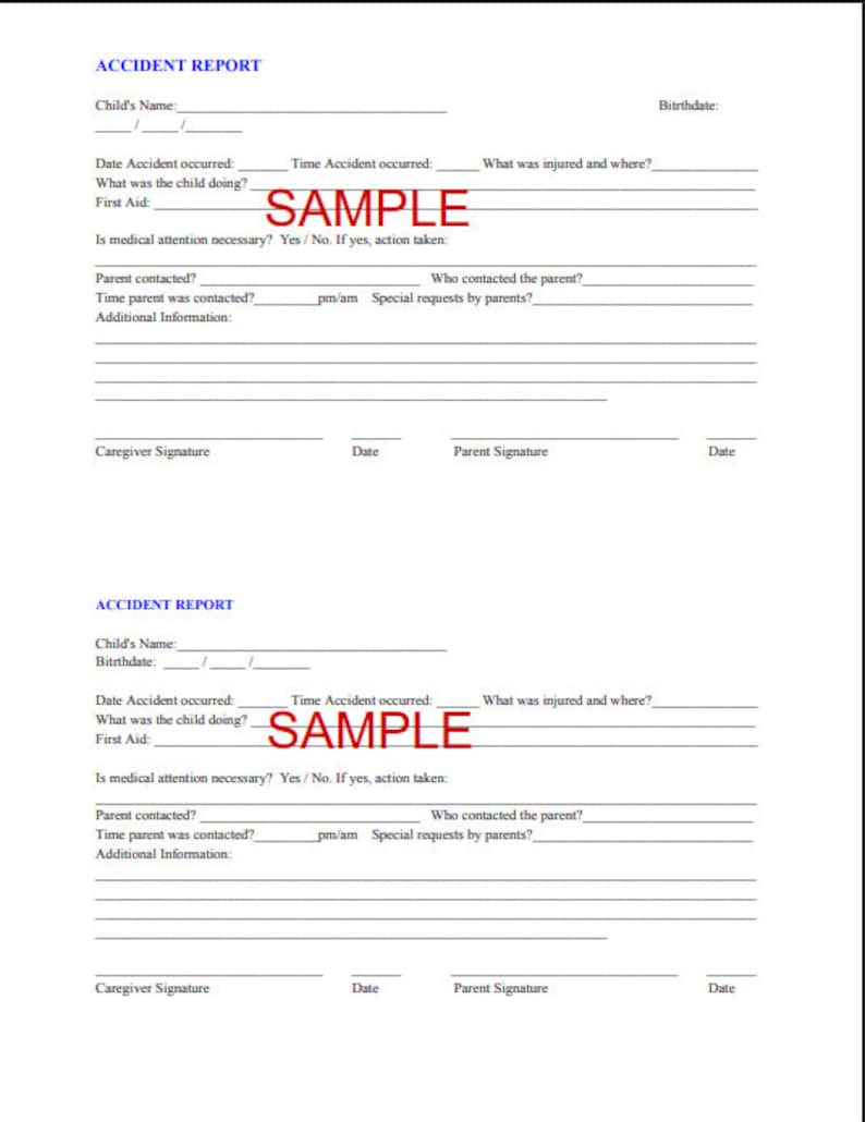 Childcare Accident Report / Perfect for Daycare Providers, Preschools ...