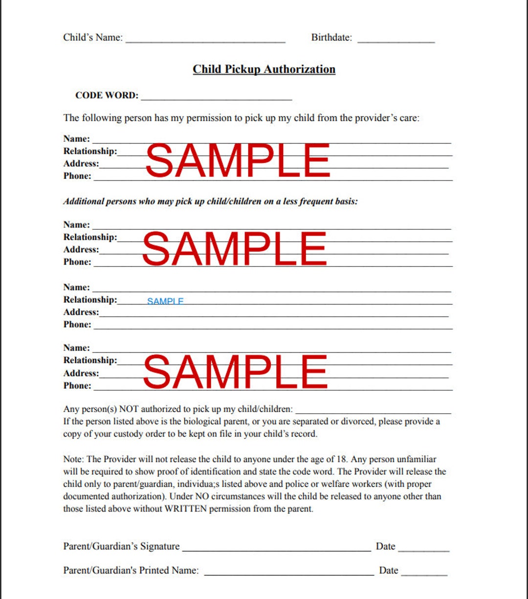 Child Pickup Authorization Form for Daycare / Perfect for Daycare ...