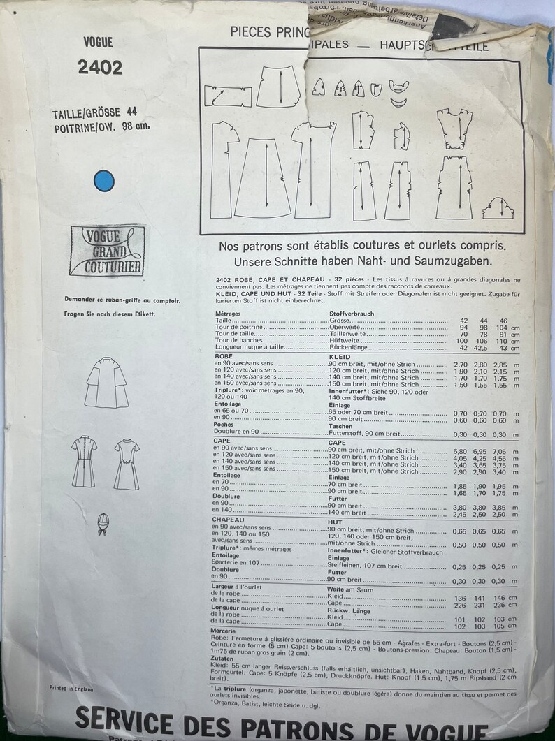 2402 Size 44 Vogue Grand Couturier Sybil Connolly Sewing Pattern V2402 ...