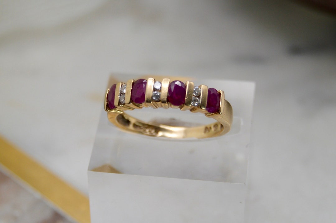 Vintage Channel Set Natural Ruby and Diamond 10k Yellow Gold Estate ...