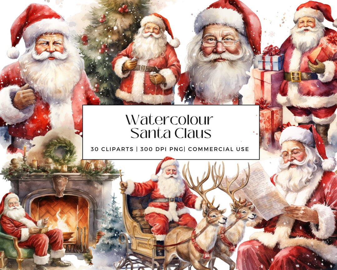 30 Watercolor Santa Claus Collection, Perfect for Christmas Cards ...