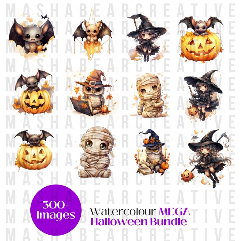 300+ Watercolour Halloween Kawaii Clipart MEGA Bundle - Perfect for ...
