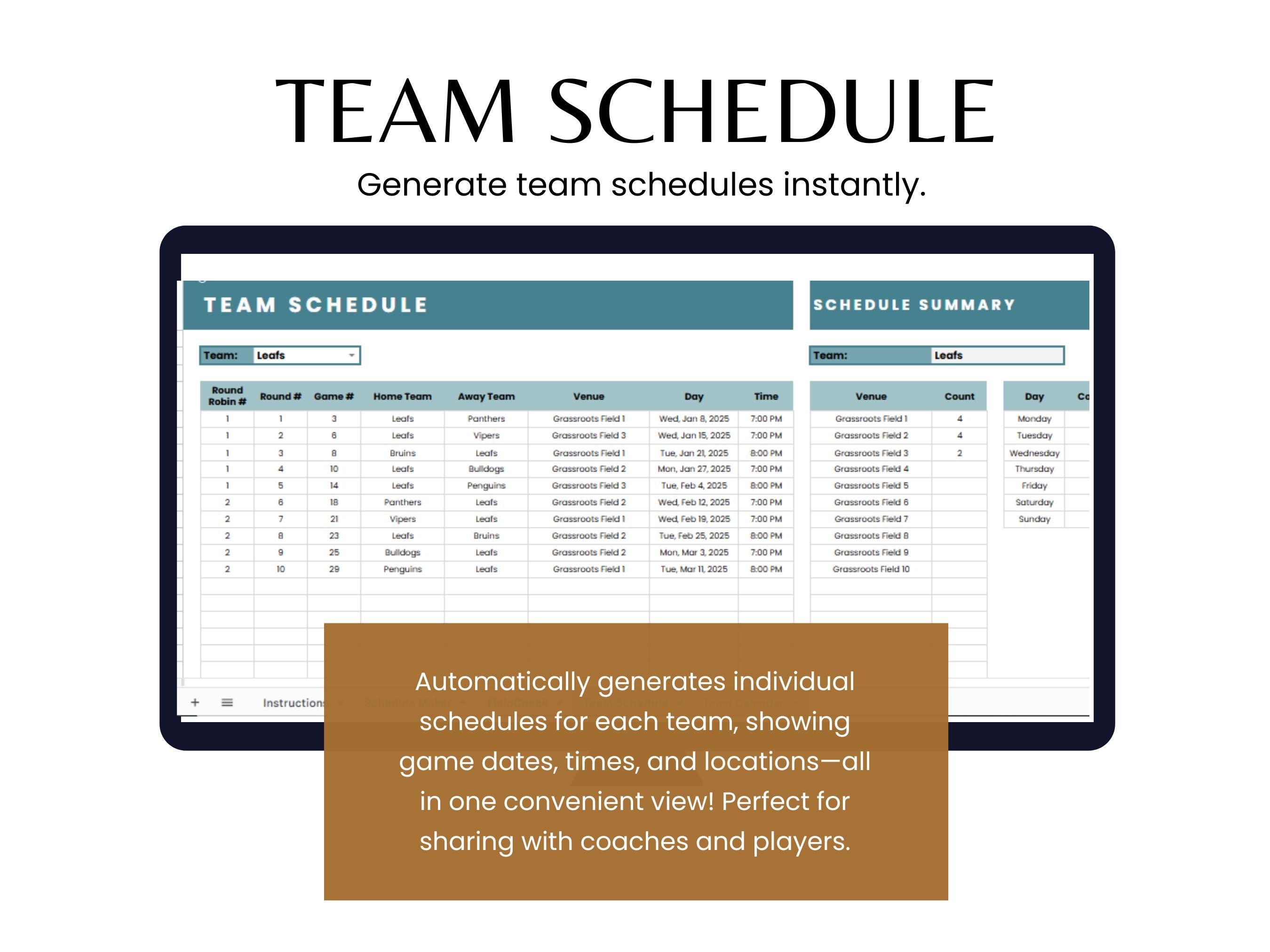 Sports League Scheduler Google Sheets Template | Game Schedule Maker ...