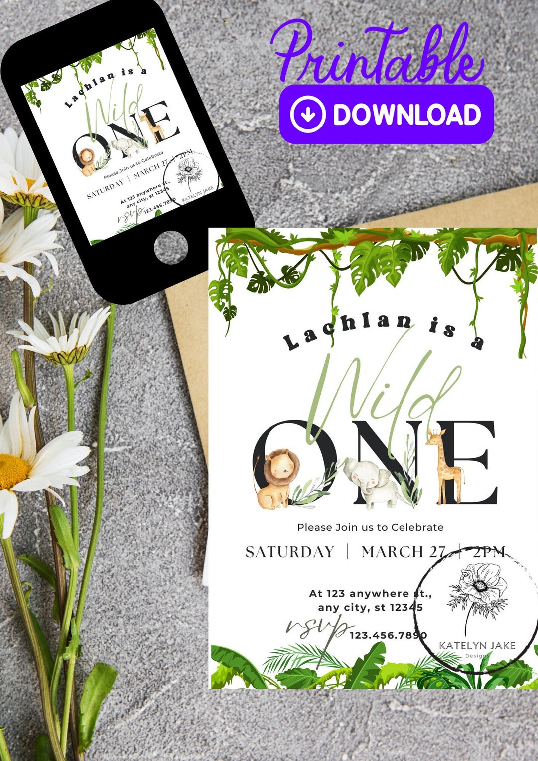 Wild 'ONE' Green Jungle Invitation DIGITAL DOWNLOAD - Etsy