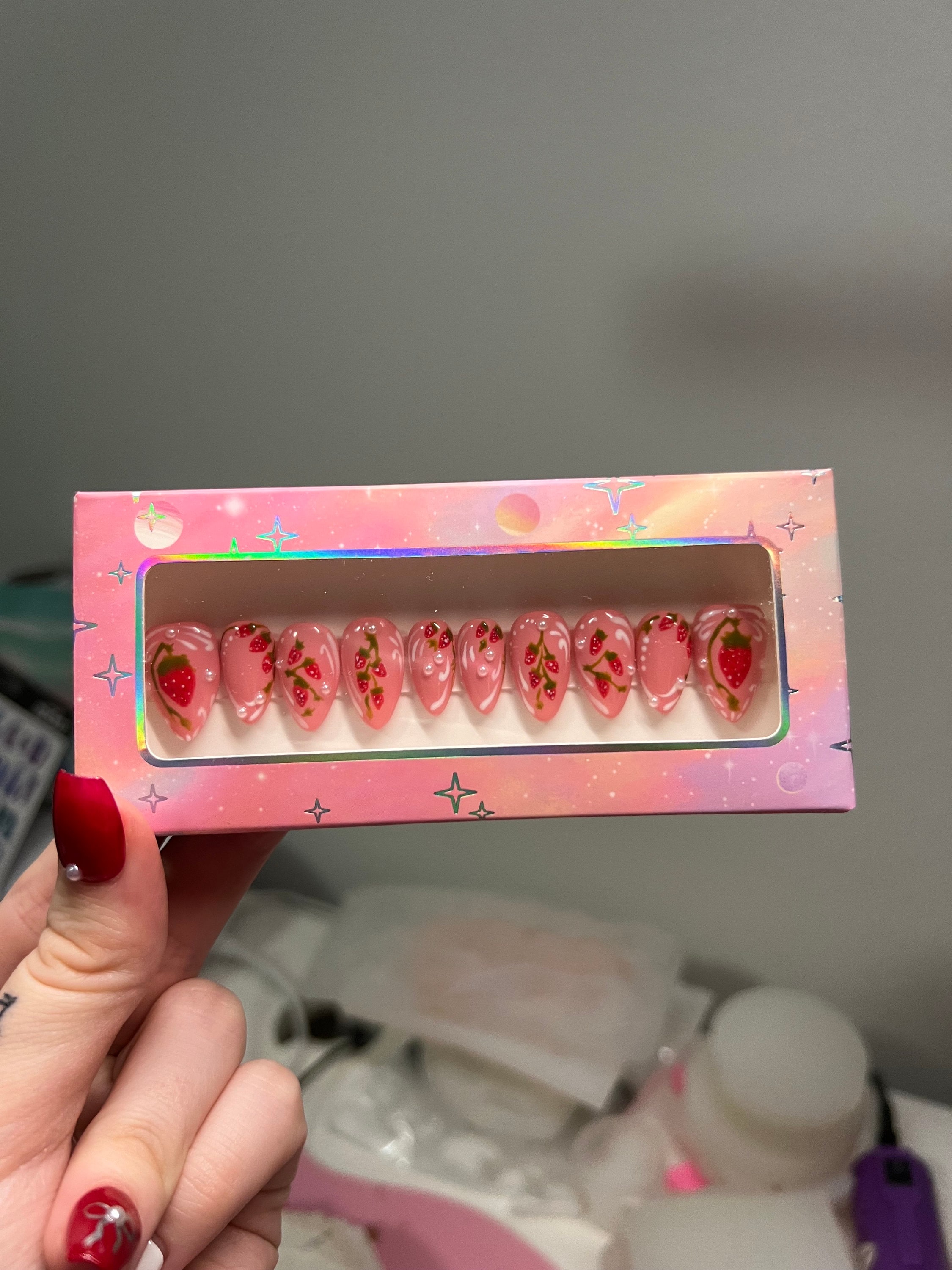 Custom Viral Strawberry Press on Nails, Cottagecore Nails, Strawberry ...