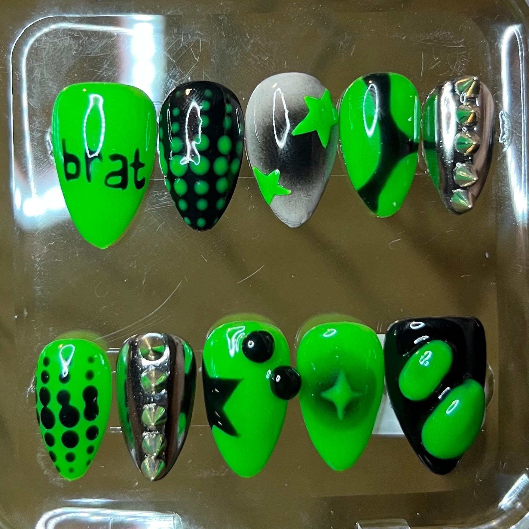 Custom Brat Press on Nails, Y2k Nails, Hand Painted Nails, 3D Art Nails ...