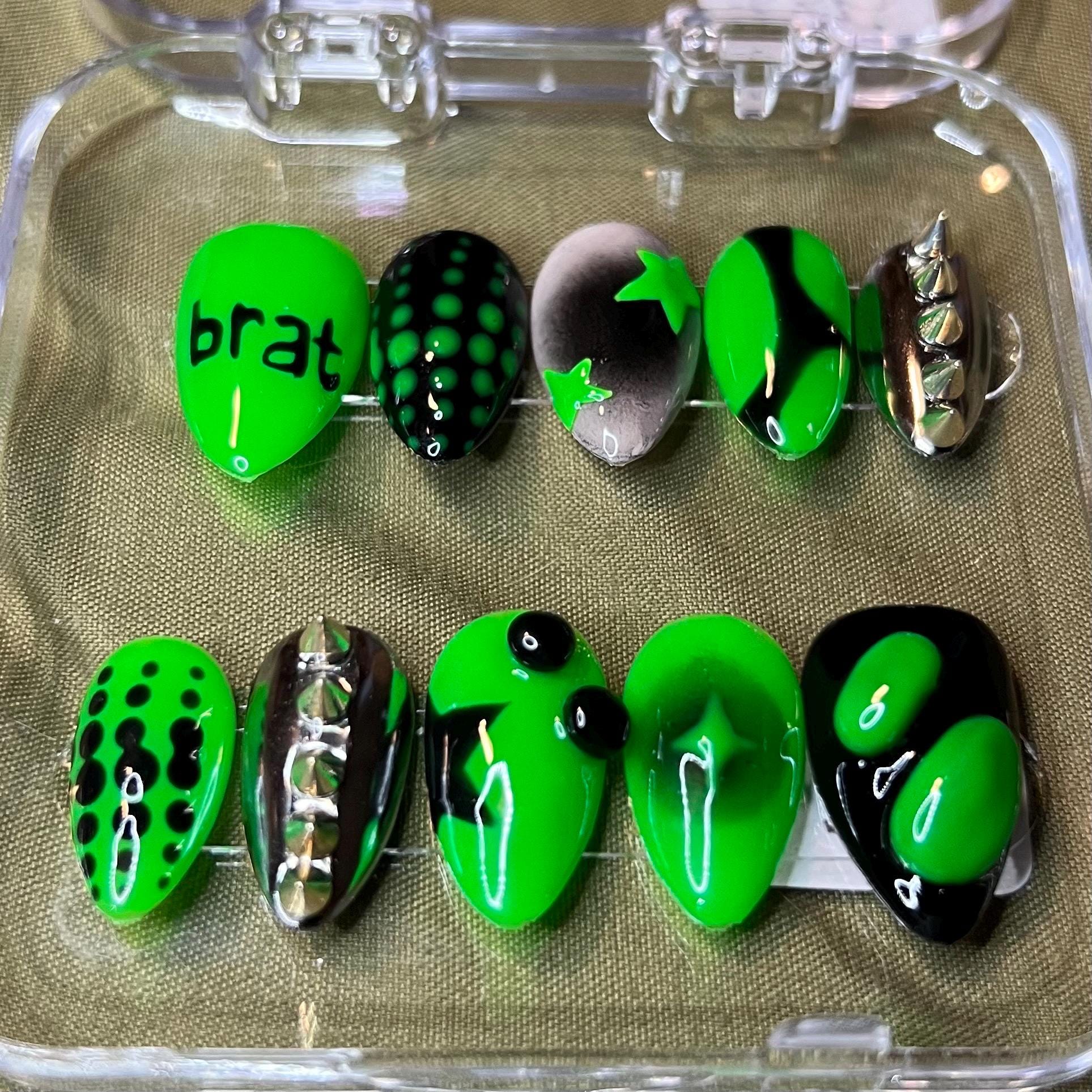 Custom Brat Press on Nails, Y2k Nails, Hand Painted Nails, 3D Art Nails ...