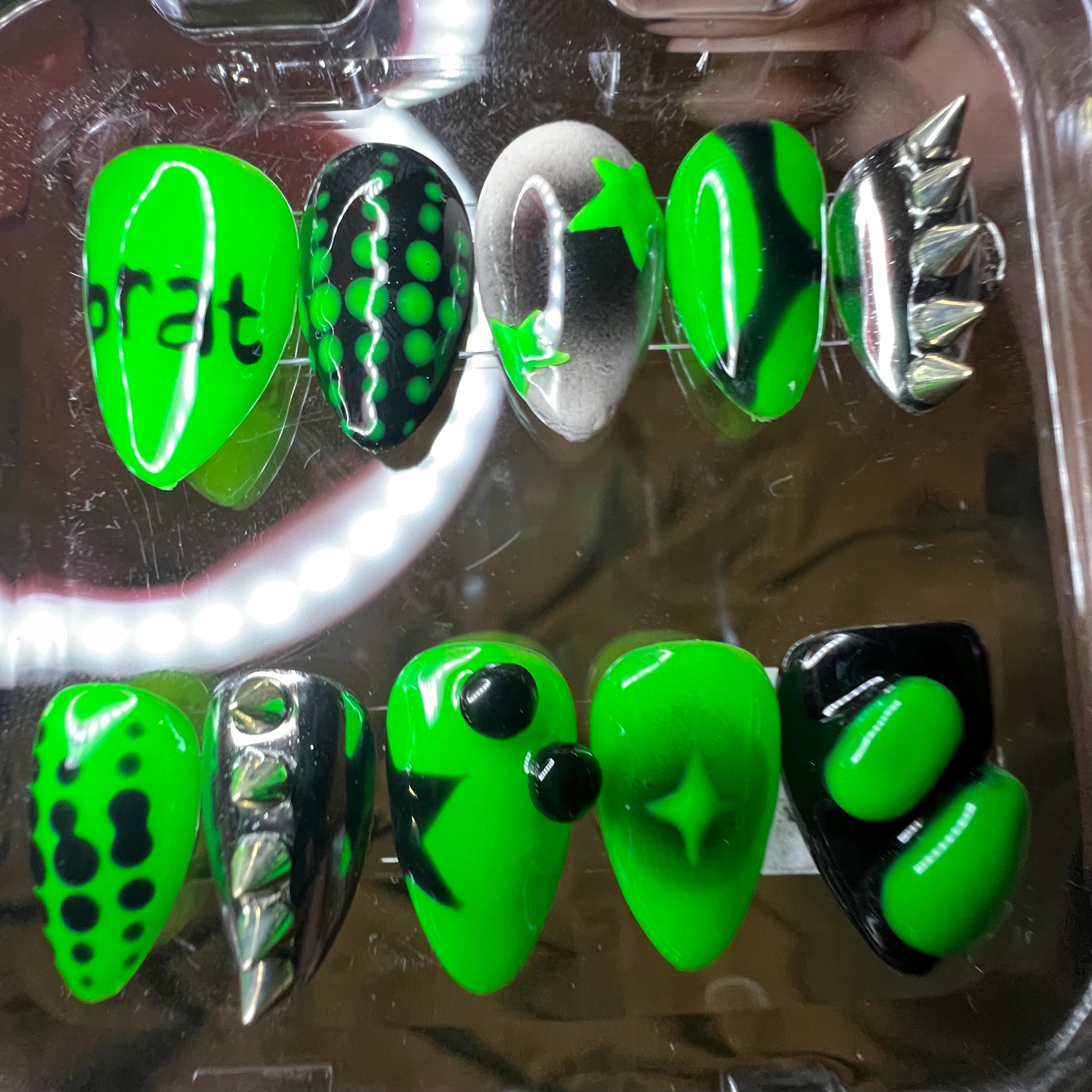 Custom Brat Press on Nails, Y2k Nails, Hand Painted Nails, 3D Art Nails ...