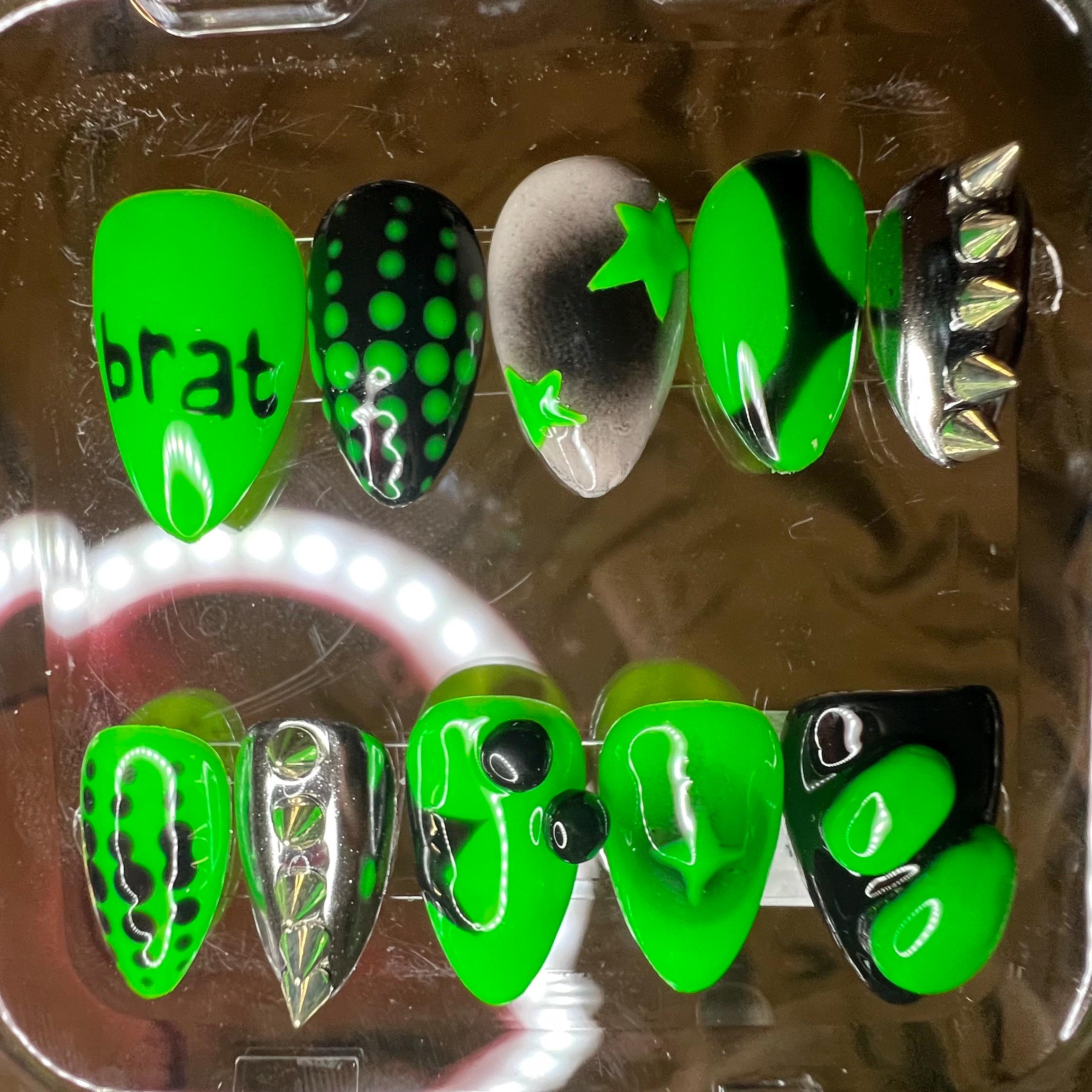 Custom Brat Press on Nails, Y2k Nails, Hand Painted Nails, 3D Art Nails ...