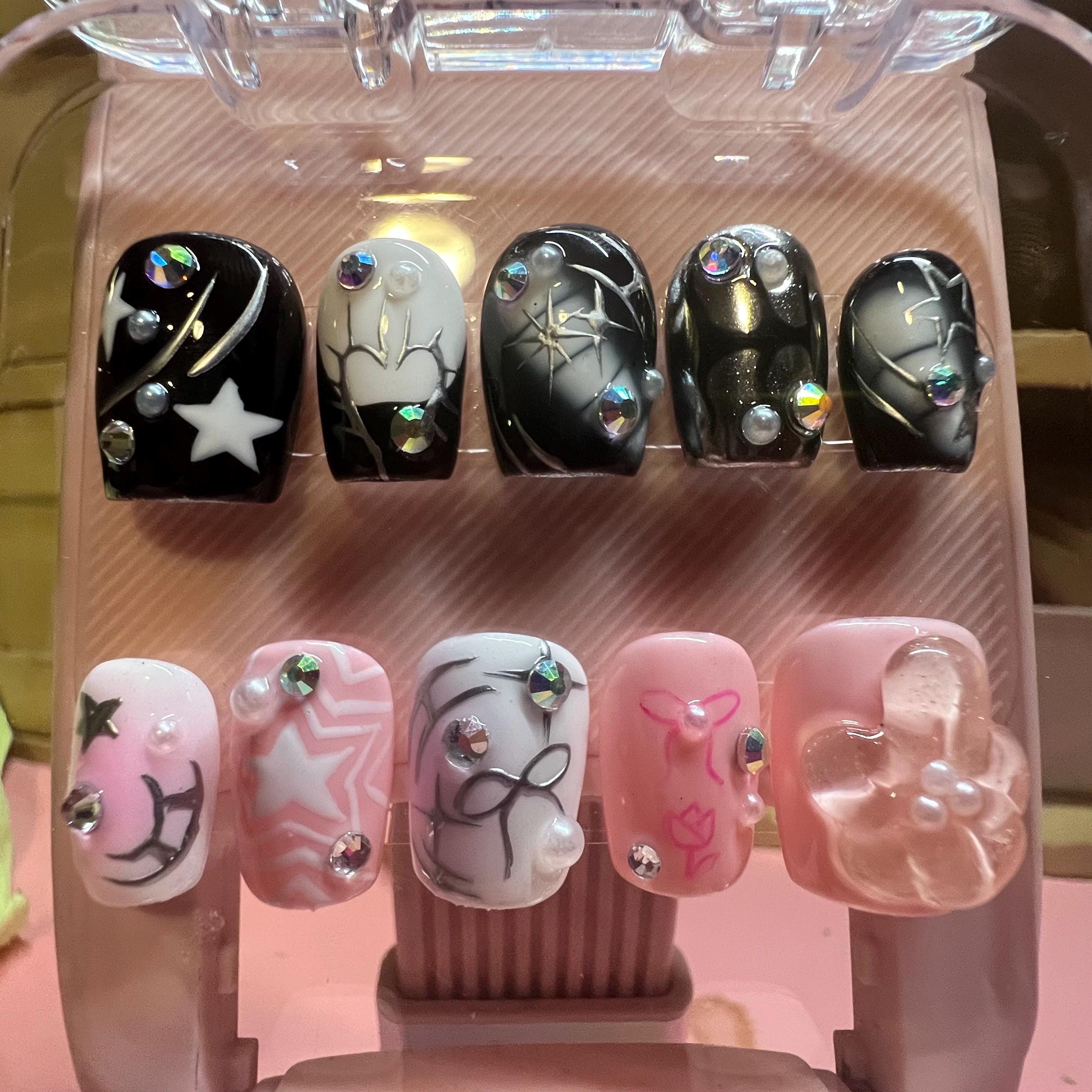 Custom Cyber Punk Press on Nails, Black and Pink Nails, Food Nails, 3D ...