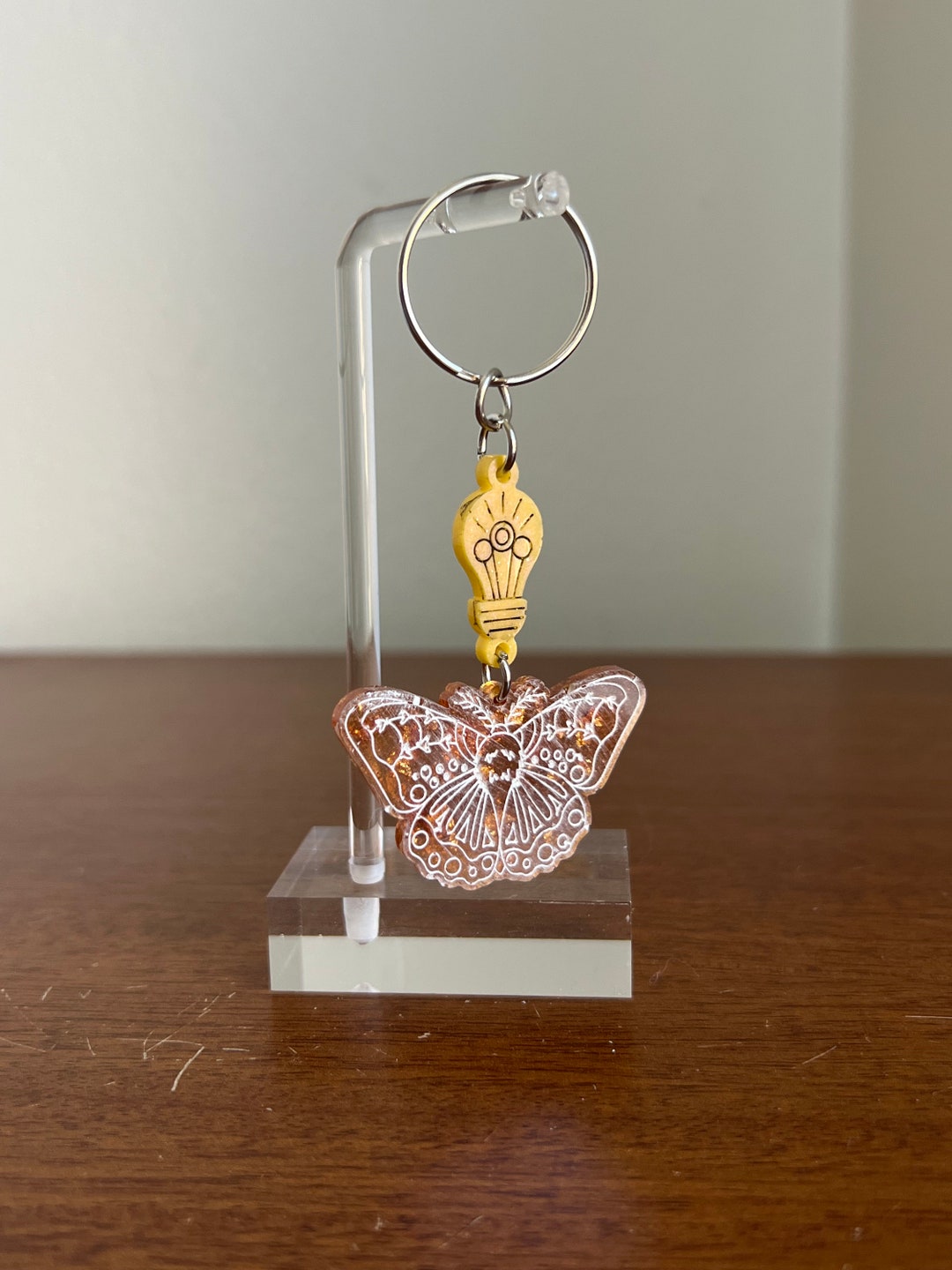 Resin Moth Keychain, Resin Keychain, Moth and Lightbulb Keychain, Hand ...