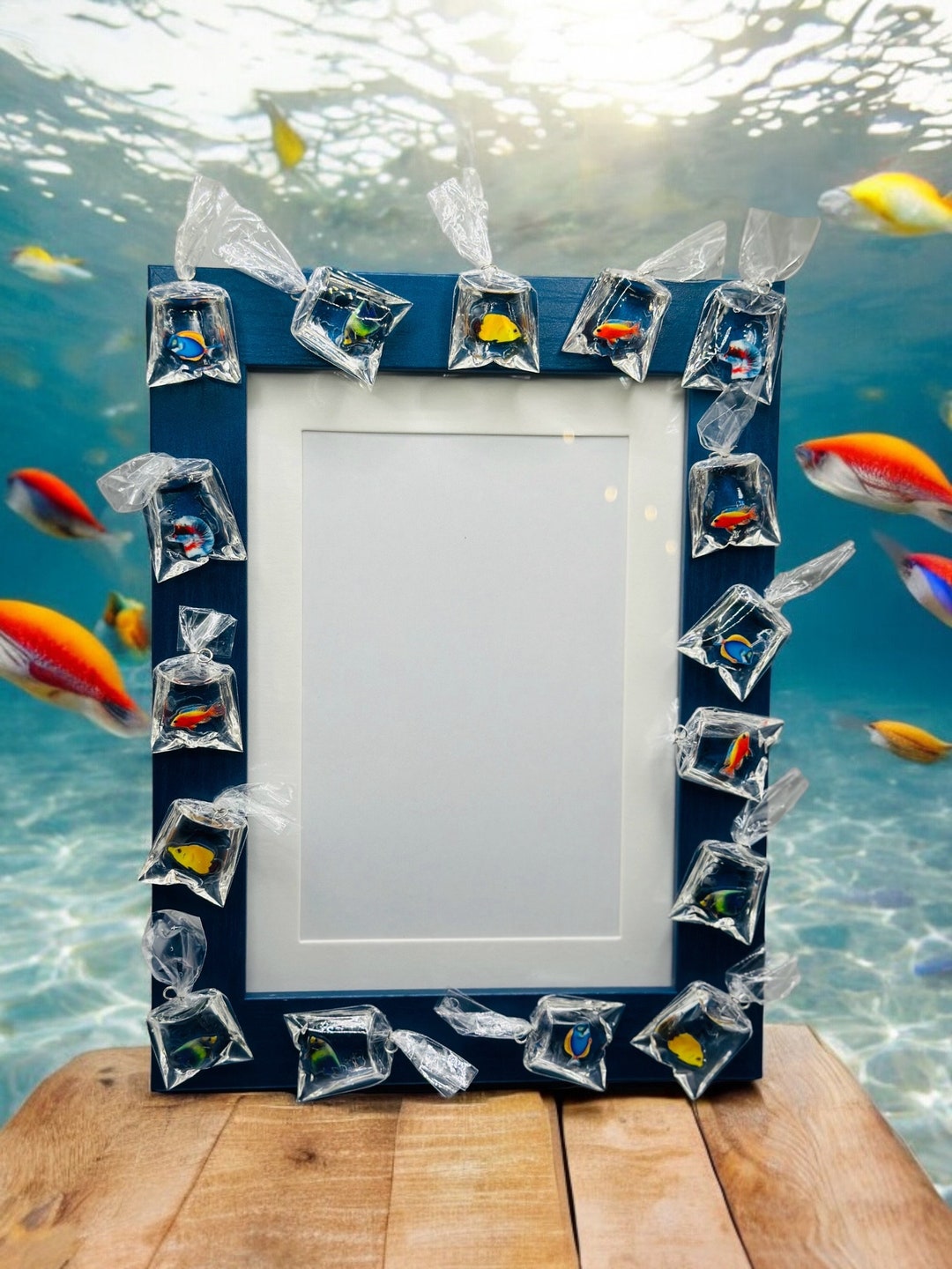 Whimsical Picture Frame With Multicolored Resin Fish in Bags Unique ...