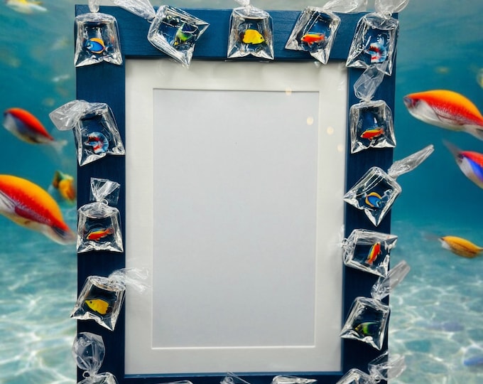 Whimsical Picture Frame With Multicolored Resin Fish in Bags | Unique ...