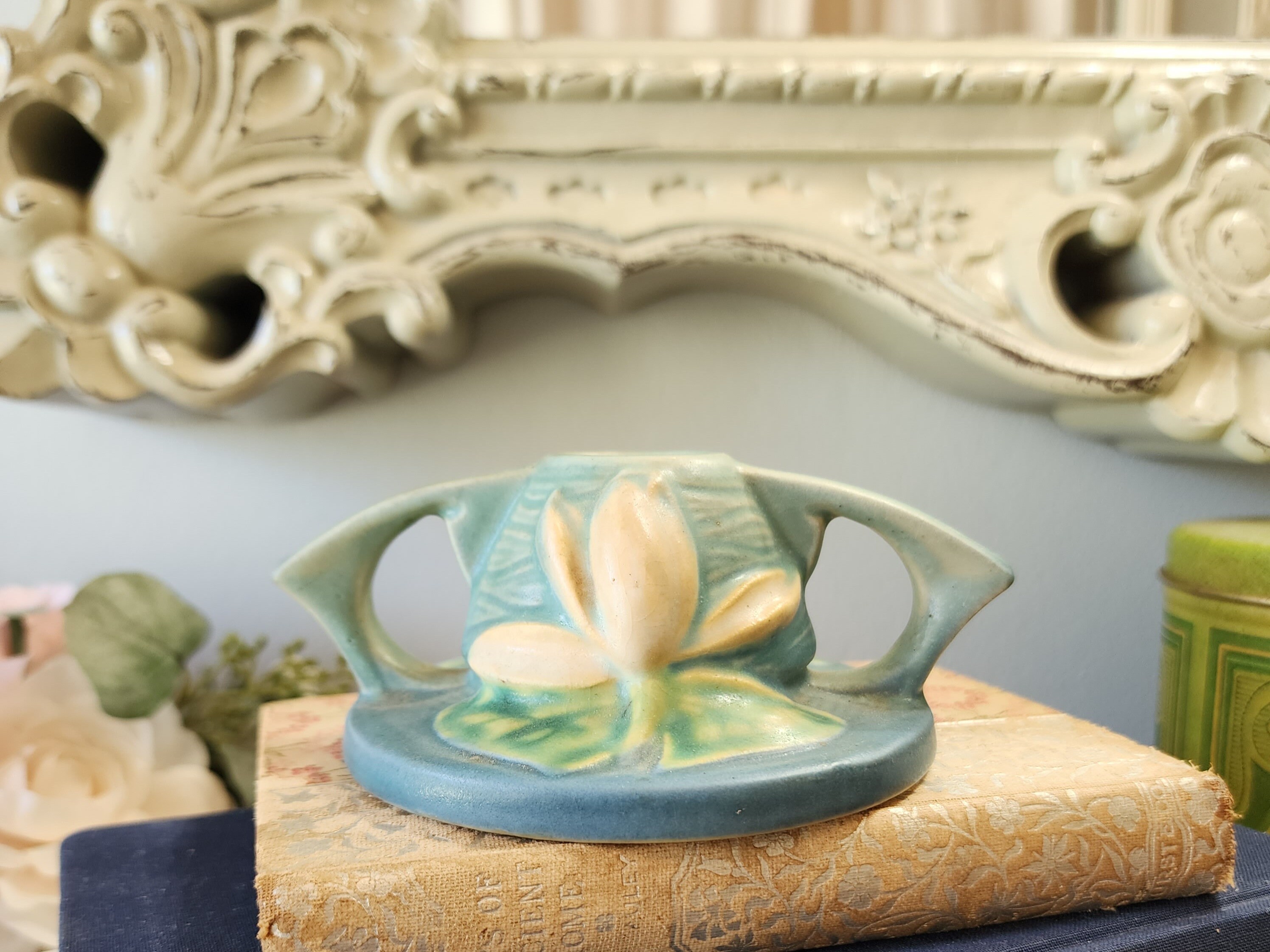 Rare Vintage 1940s 2 Roseville Pottery Candleholder in Blue Green Water Lily Pattern. White ...
