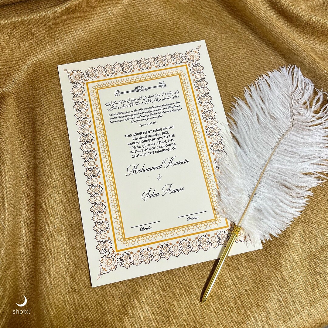 Luxury Nikkah Certificate With Feather Pen Personalised Custom Nikkah ...