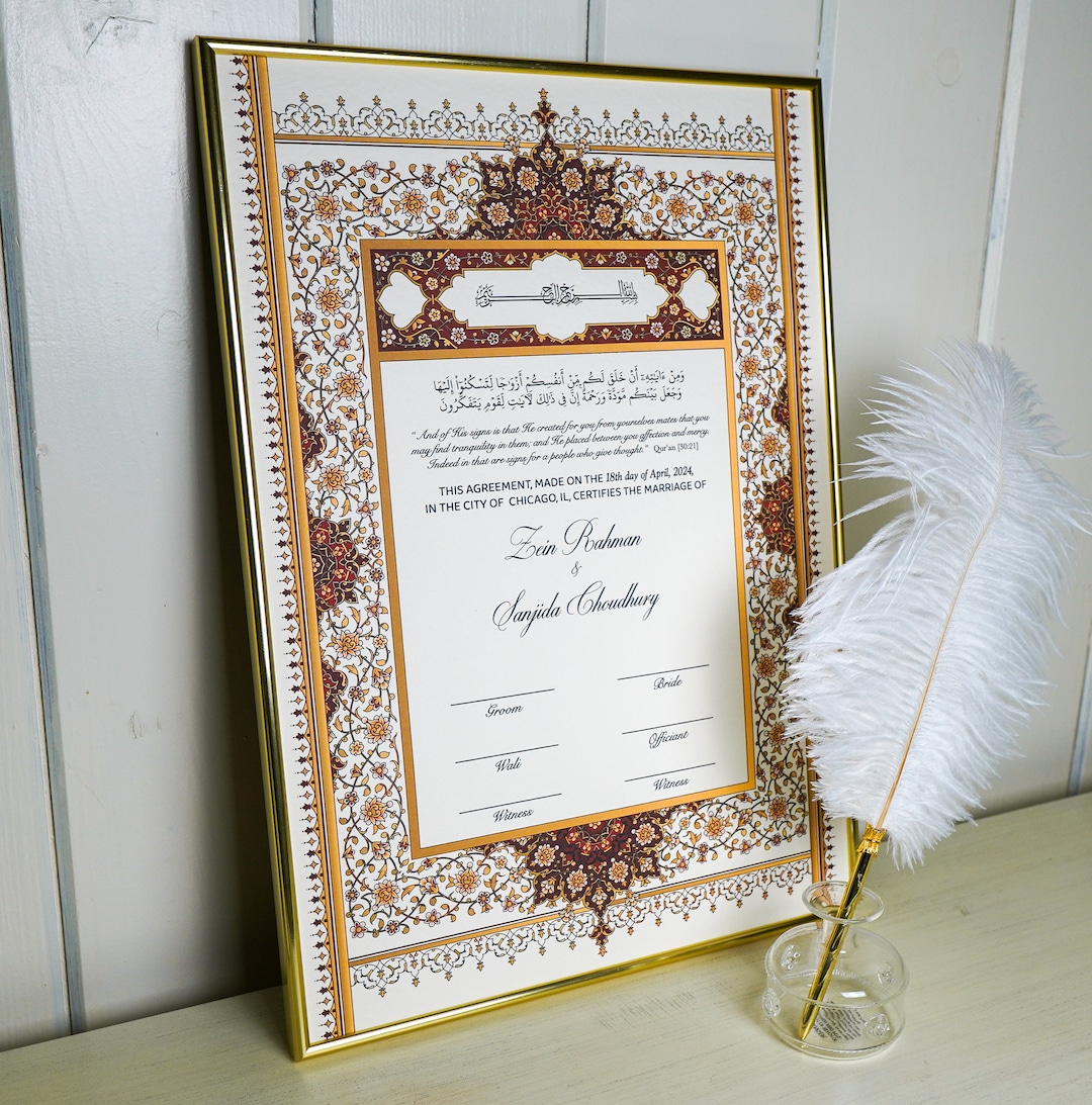 A3 Luxury Nikkah Certificate With Feather Pen & Frame Nikahnama Nikkah ...