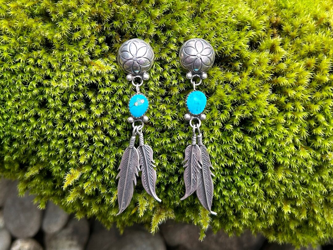 Vintage Zuni Kingman Turquoise Sterling Feather Motif Earrings - Etsy