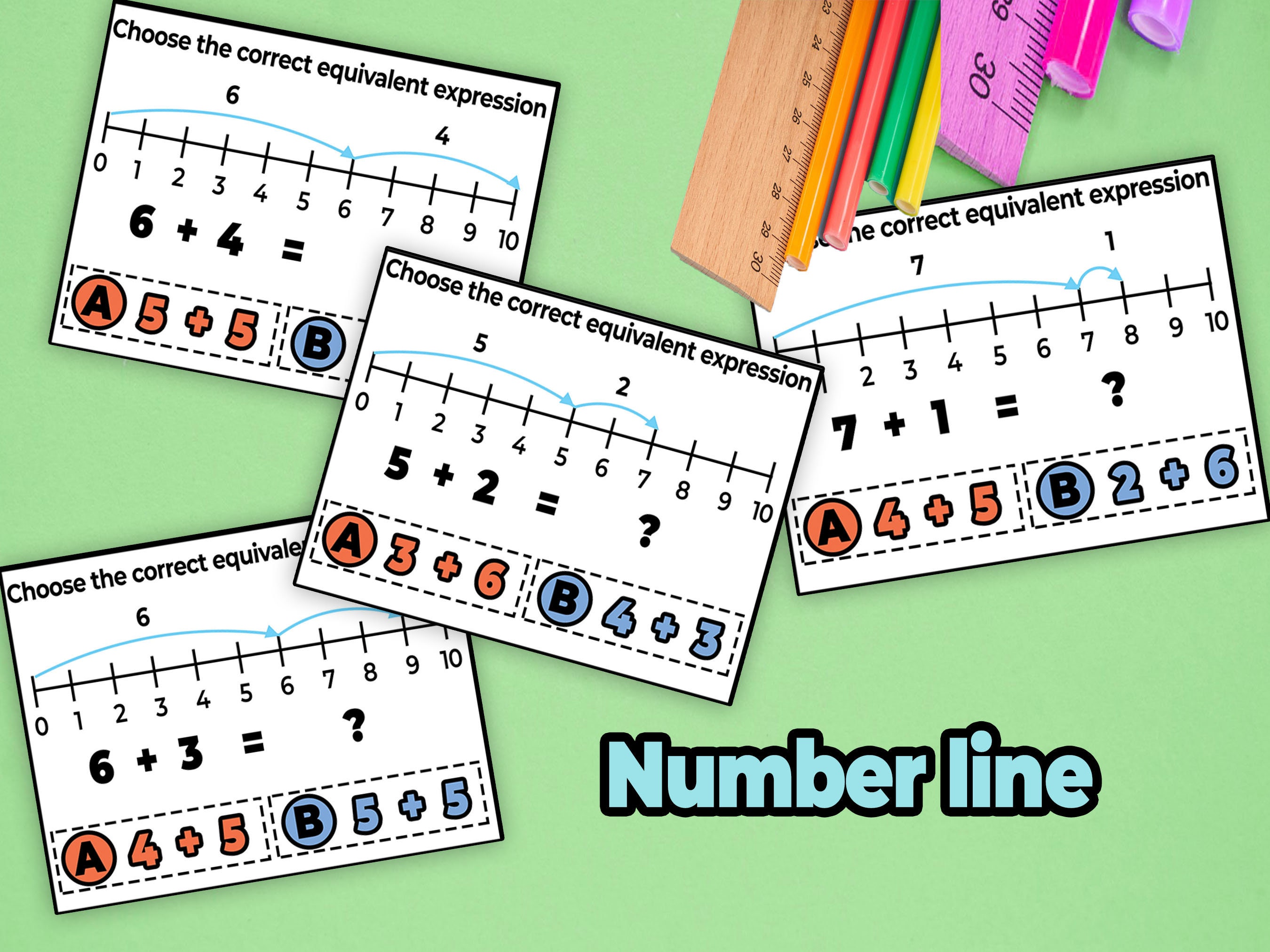 Addition Activity Flash Cards - Ten Frames , Number Line, Balance Model ...