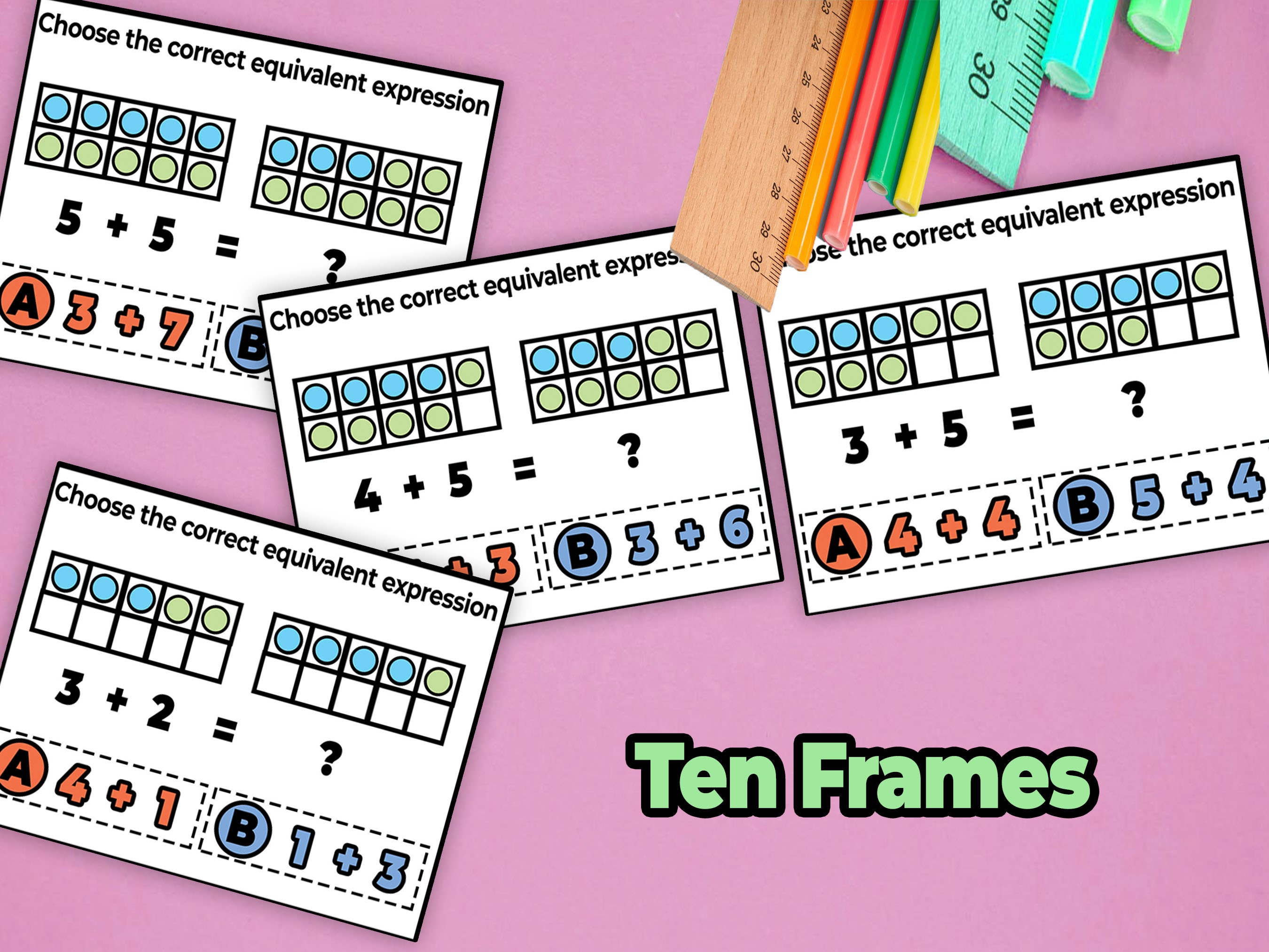 Addition Activity Flash Cards - Ten Frames , Number Line, Balance Model ...