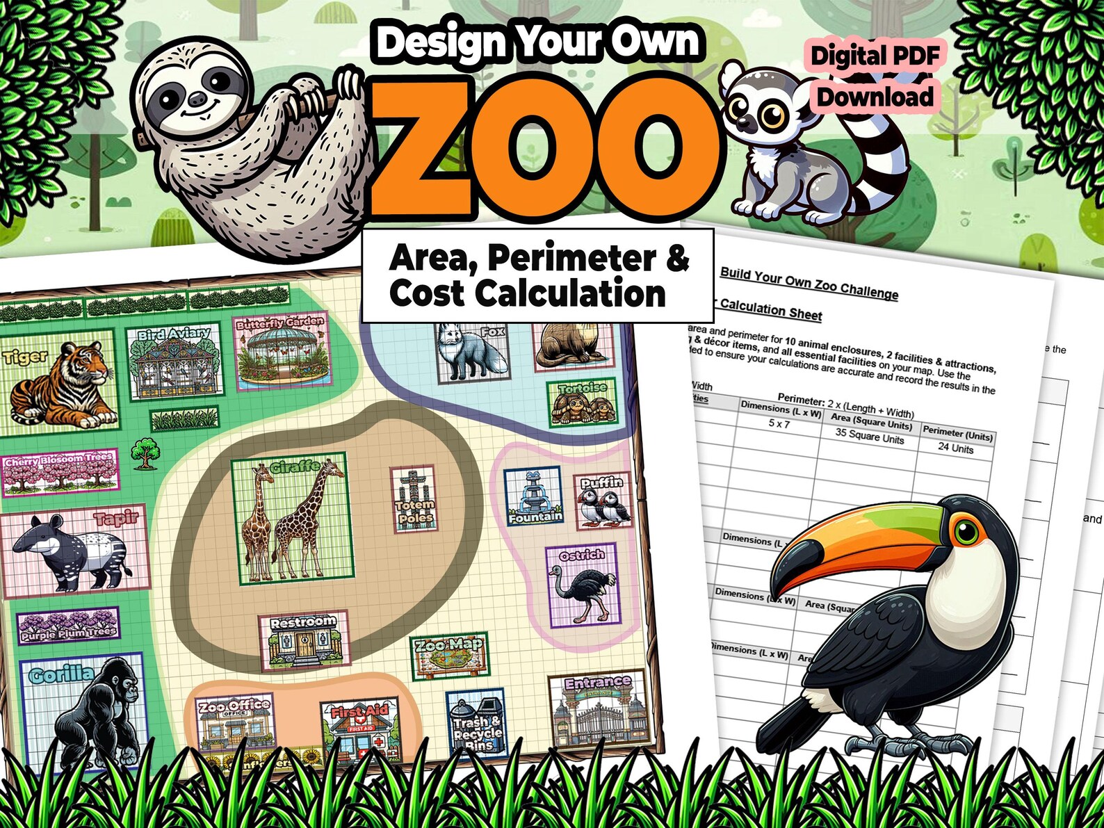Area Perimeter Zoo Design Math Activity for Kids| Cost Calculations ...