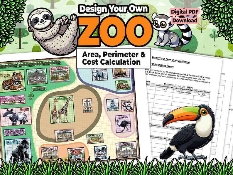 Area Perimeter Zoo Design Math Activity for Kids| Cost Calculations ...