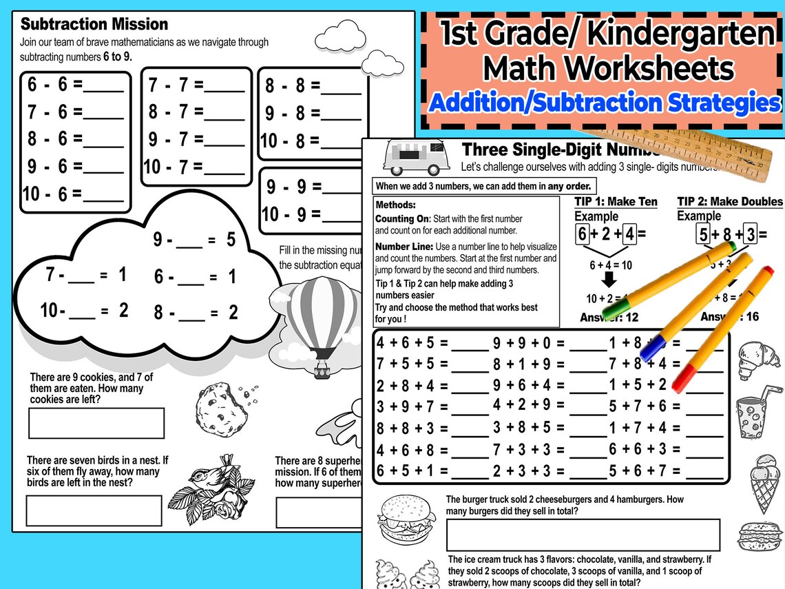 Addition Subtraction Strategy Math Worksheet First Grade Kindergarten ...
