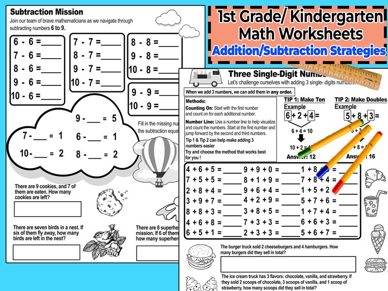 Addition Subtraction Strategy Math Worksheet First Grade Kindergarten ...