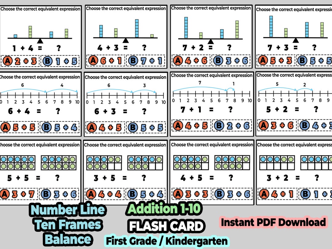 Addition Activity Flash Cards - Ten Frames , Number Line, Balance Model ...