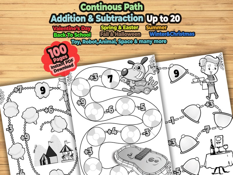 Addition & Subtraction Worksheets Mental Math Continuous Path up to 20 ...